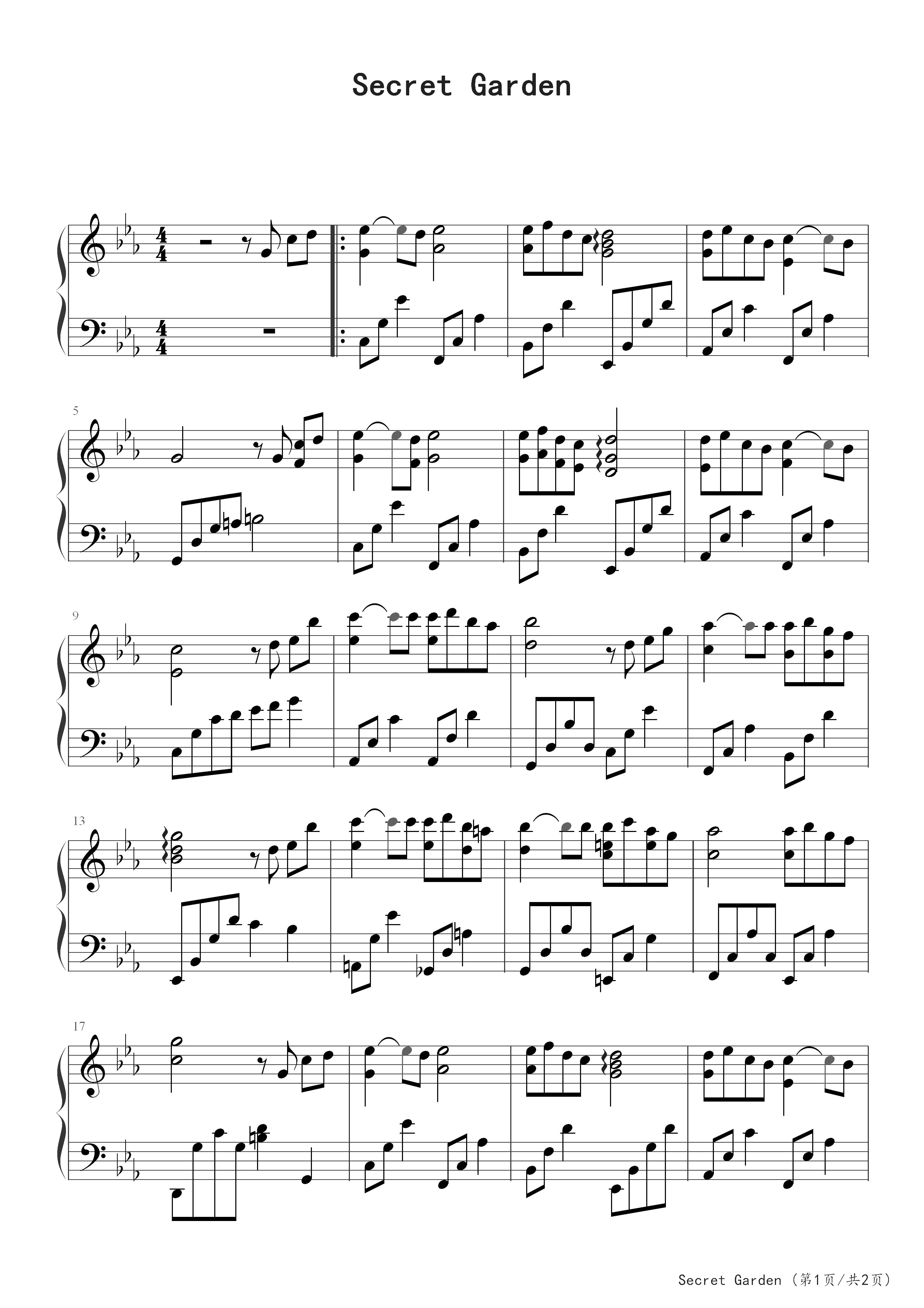 神秘园之歌（songs From A Secret Garden ）钢琴谱神秘园e调流行钢琴谱五线谱独奏谱钢琴谱钢琴五线谱钢琴简谱